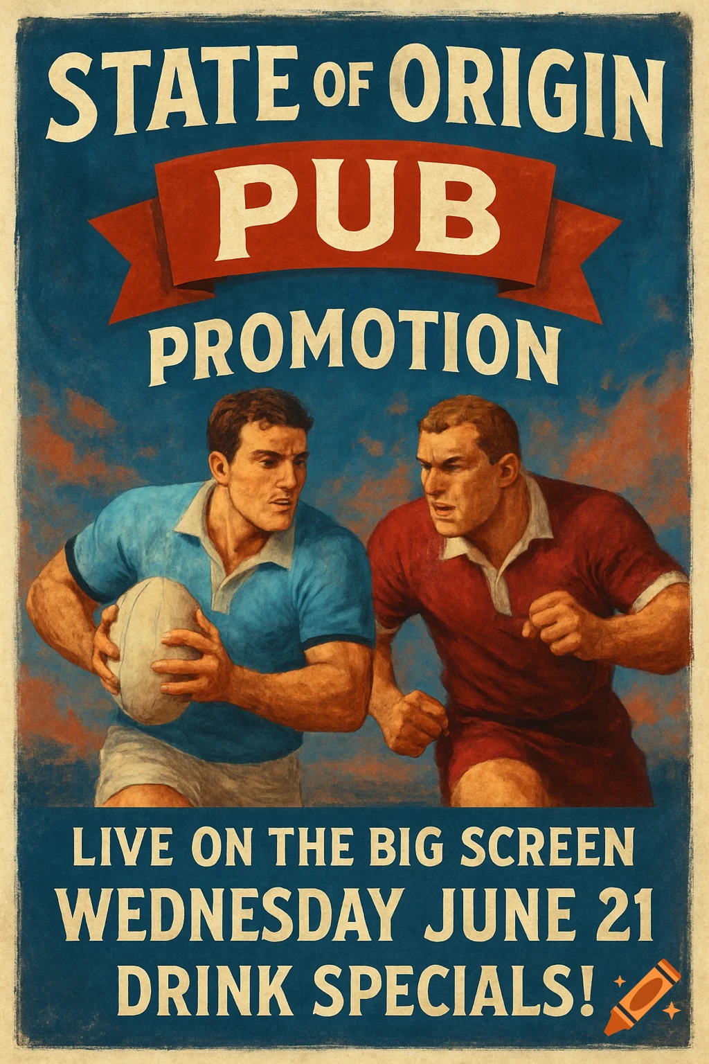 Retro poster for State of Origin pub promotion with two rugby players ...