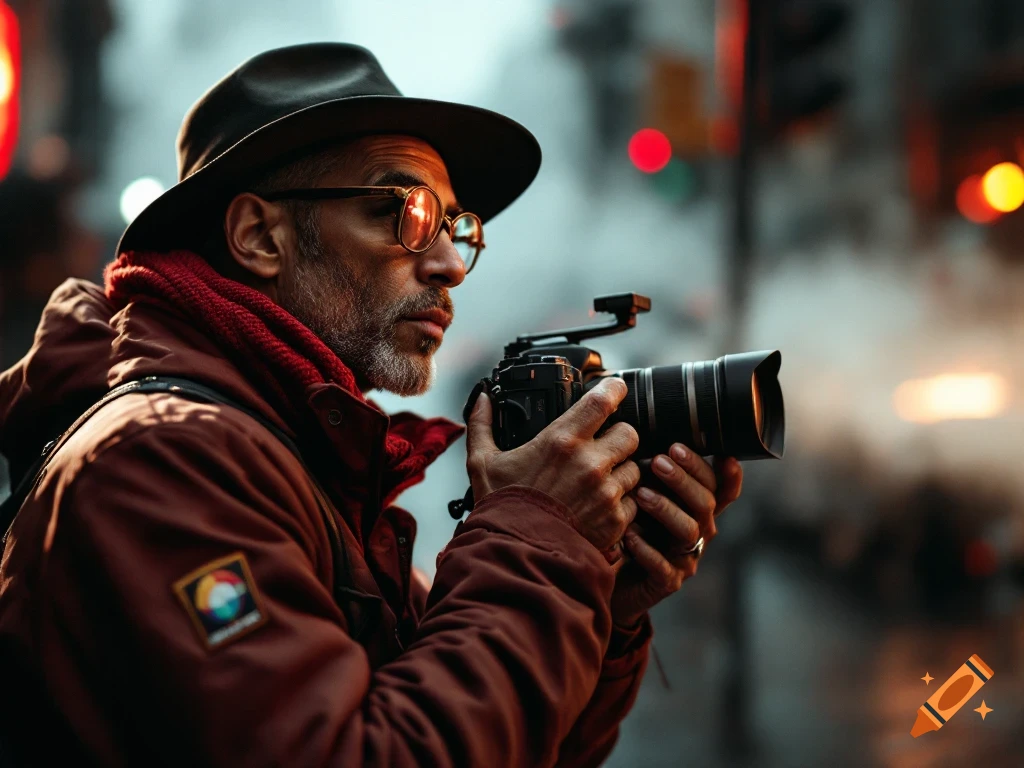 Man in hat and glasses holds camera in urban setting, photorealistic ...