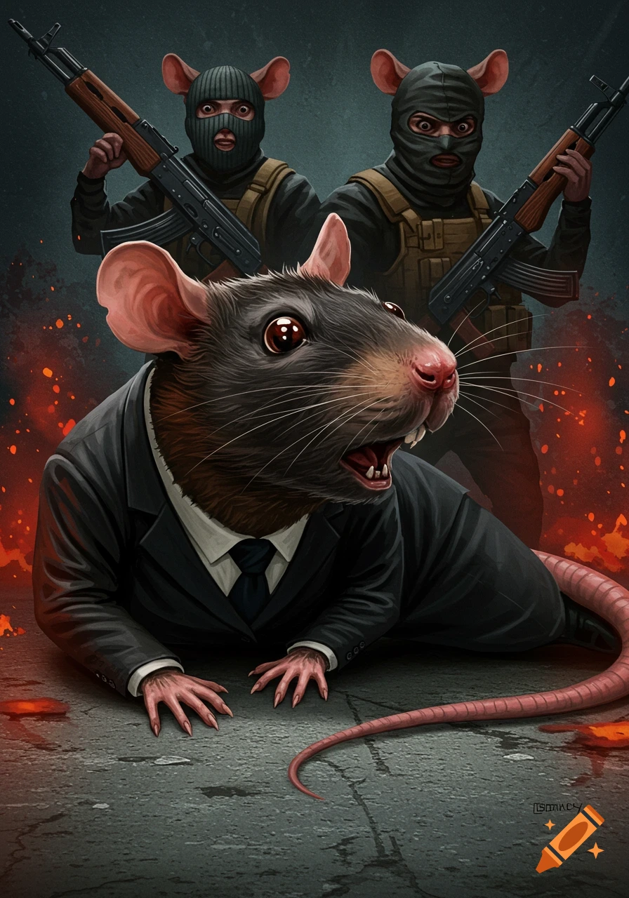 Anthropomorphic rat in a suit with two rats in ski masks holding AK-47s ...