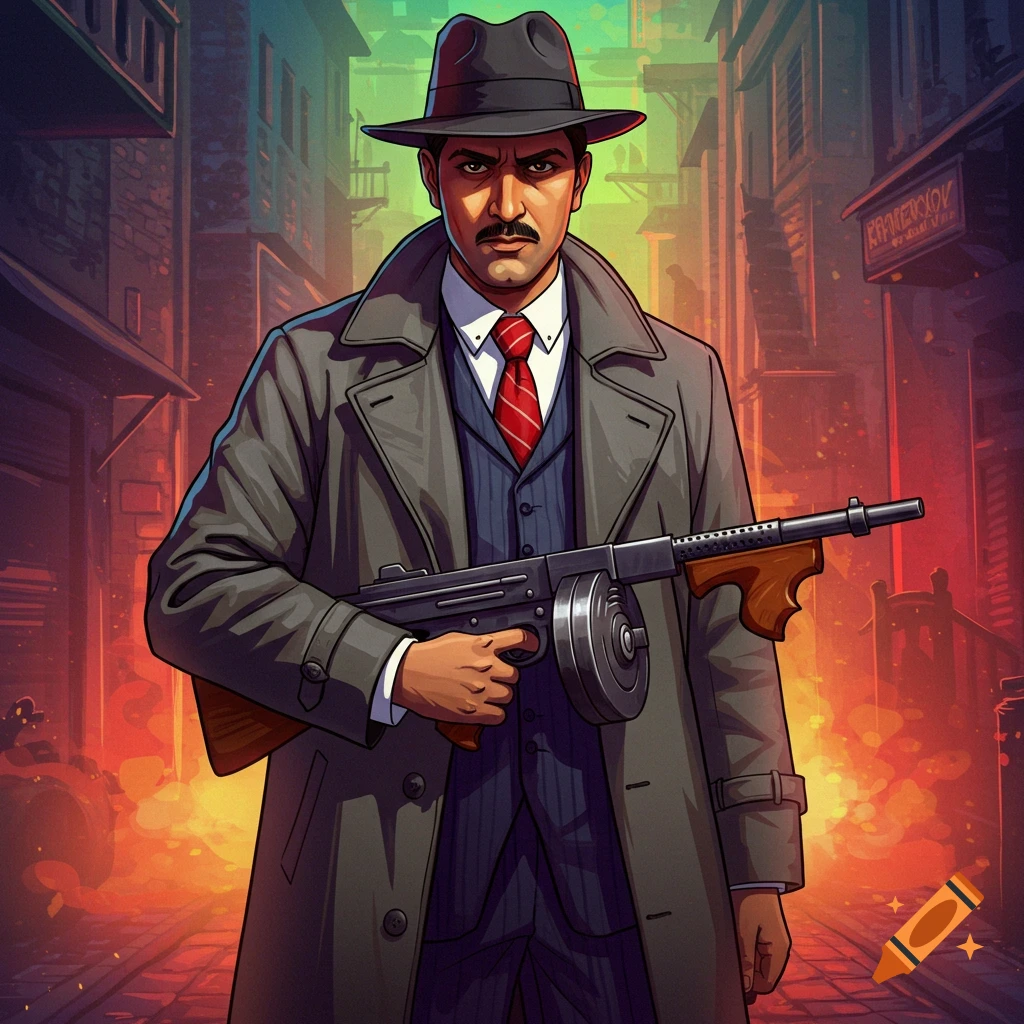 Illustration of a mobster in a fedora and trench coat holding a Tommy ...