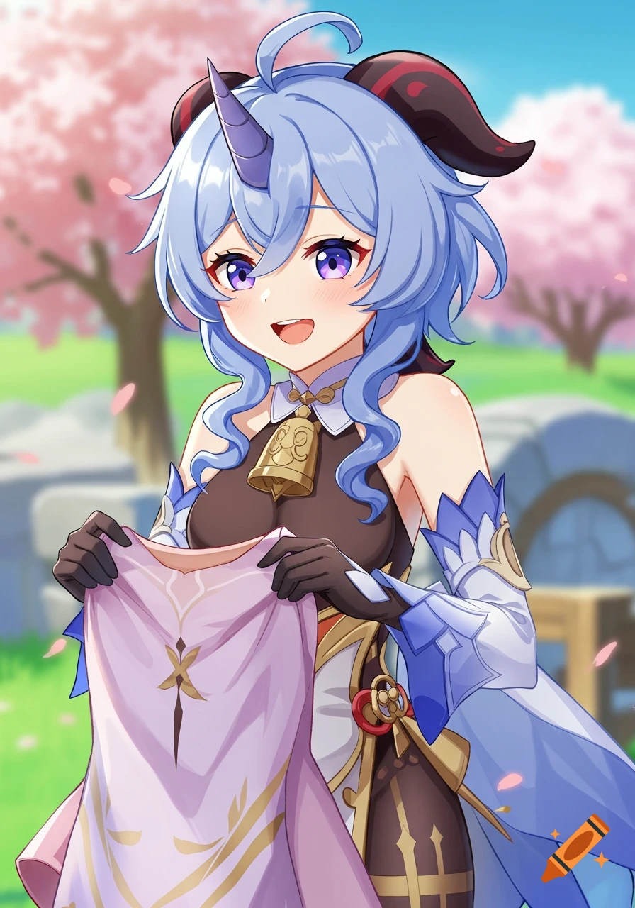 Ganyu from Genshin Impact holding a pink dress and blushing in a cherry ...