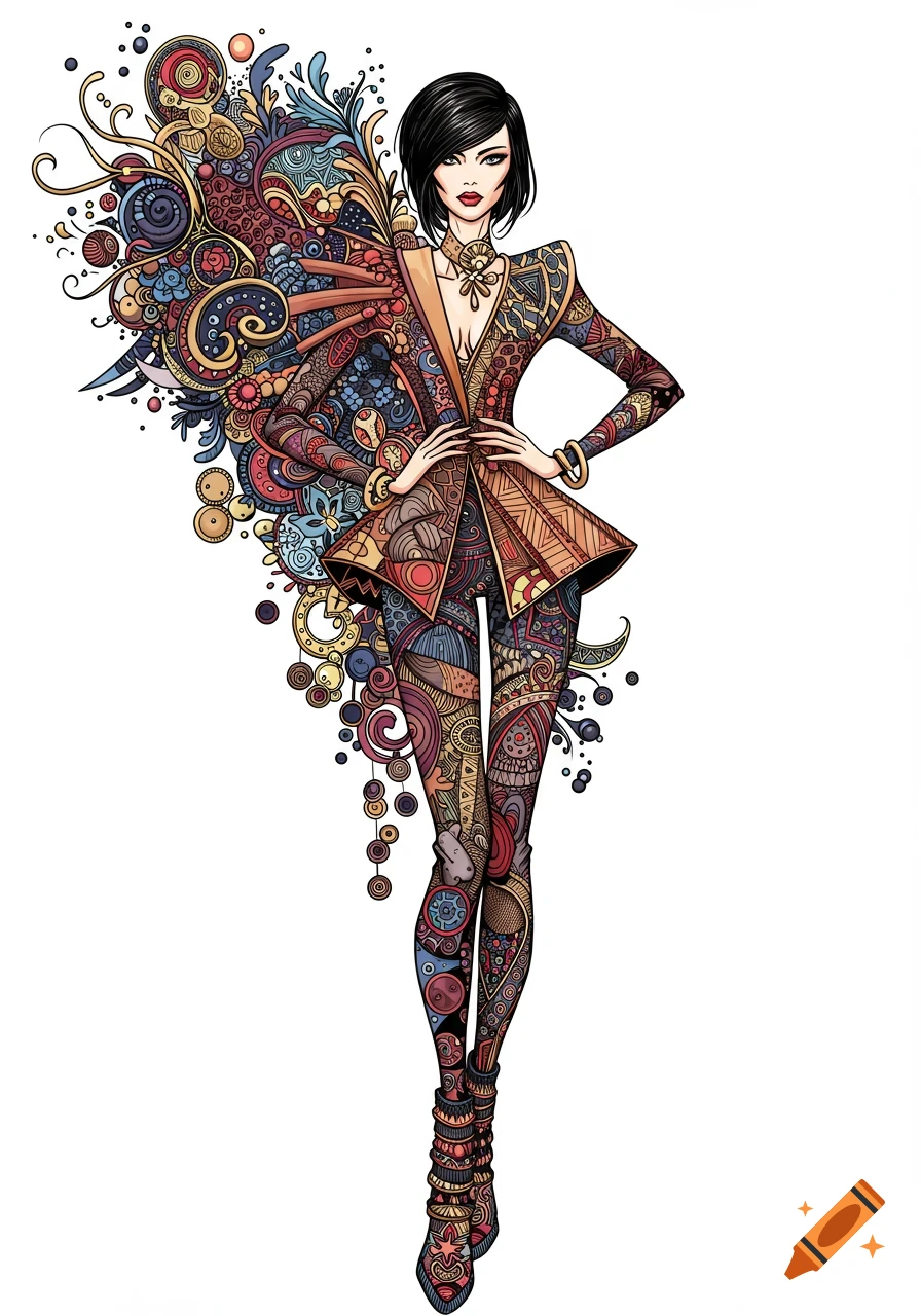 Fashion illustration of a woman in a colorful, highly patterned outfit ...
