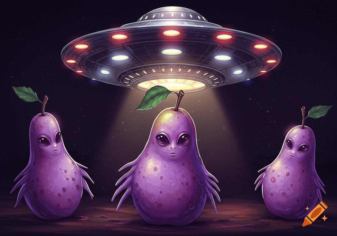 Three purple, pear-shaped aliens stand under a flying saucer in space ...