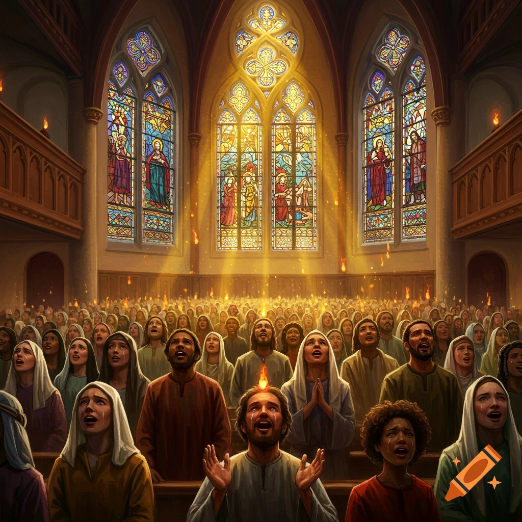 Large crowd in a church with light rays and flames, looking up in awe ...