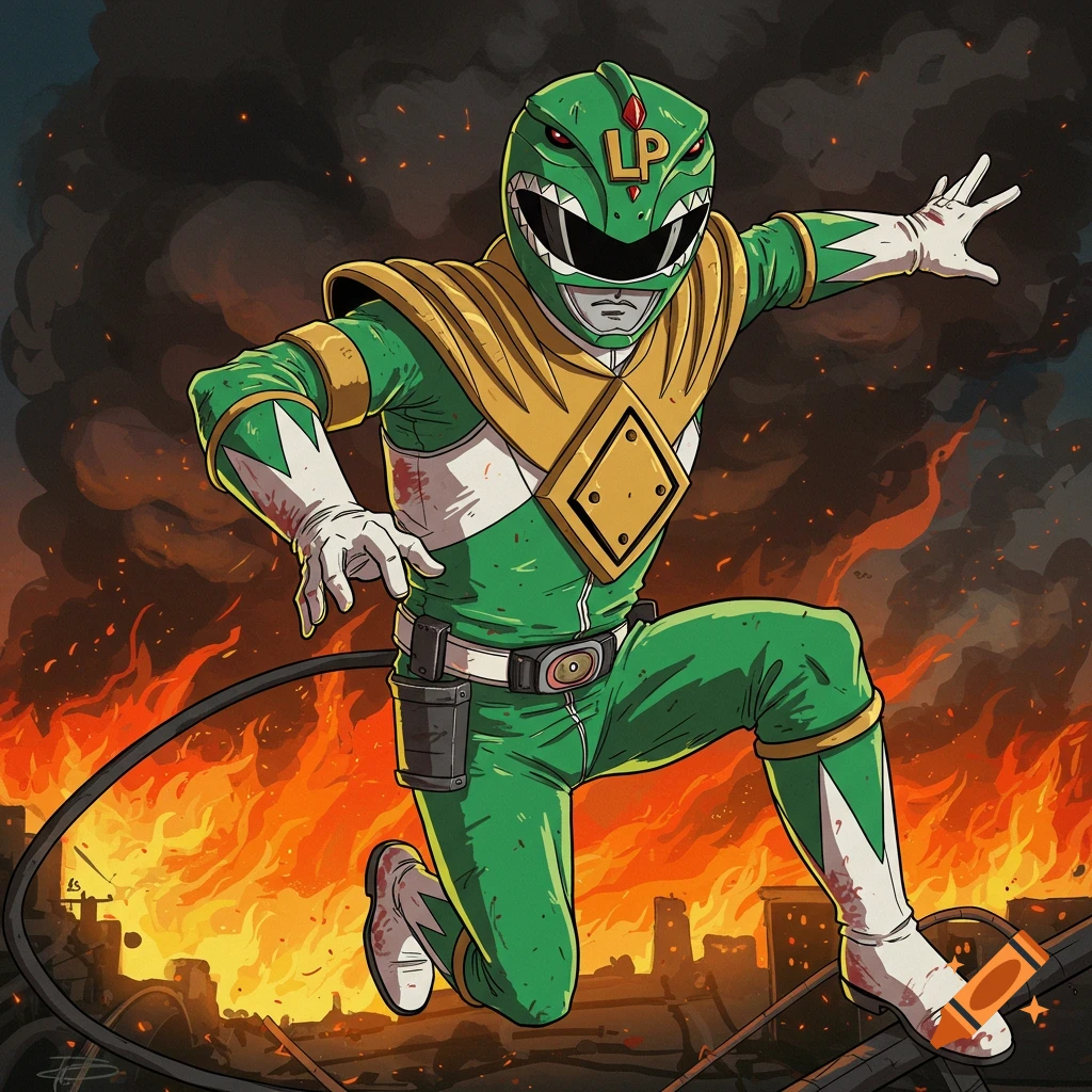 Green Power Ranger in action pose in front of a burning city ...