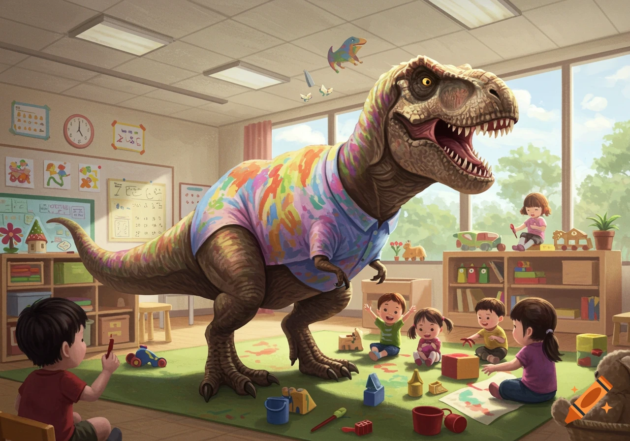 A Tyrannosaurus Rex wearing a colourful shirt stands in a preschool ...
