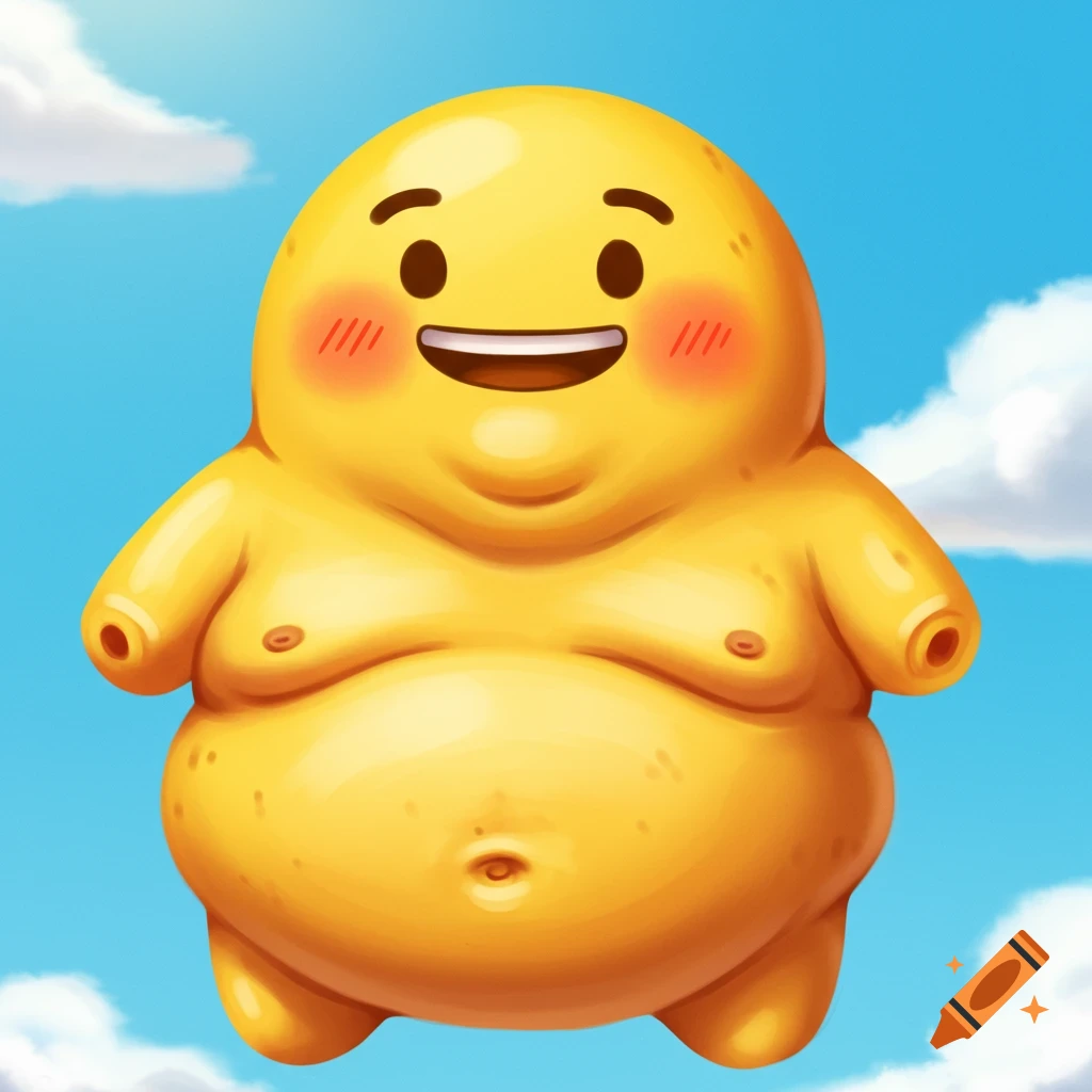 A yellow, round, fat creature with an emoji face floats in a blue sky ...