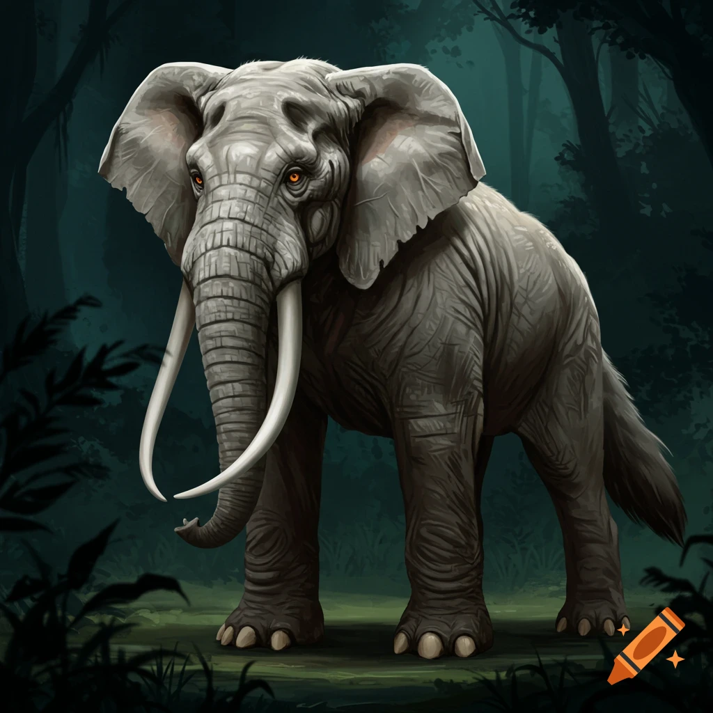 Illustration of a large, detailed fantasy elephant creature with long ...