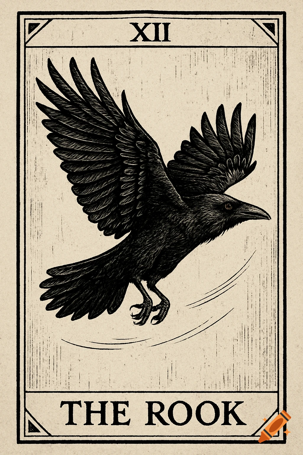 Black and white line art tarot card with a flying raven. XII The Rook ...