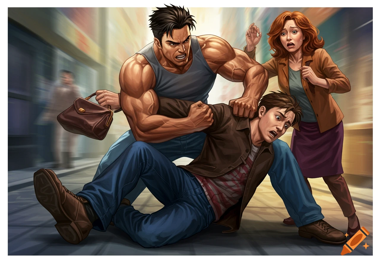 Illustration of a man tackling a mugger who stole a woman's purse on a ...