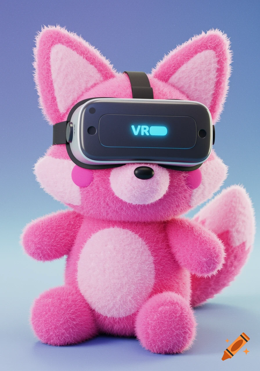 A pink stuffed fox wears a VR headset. on Craiyon