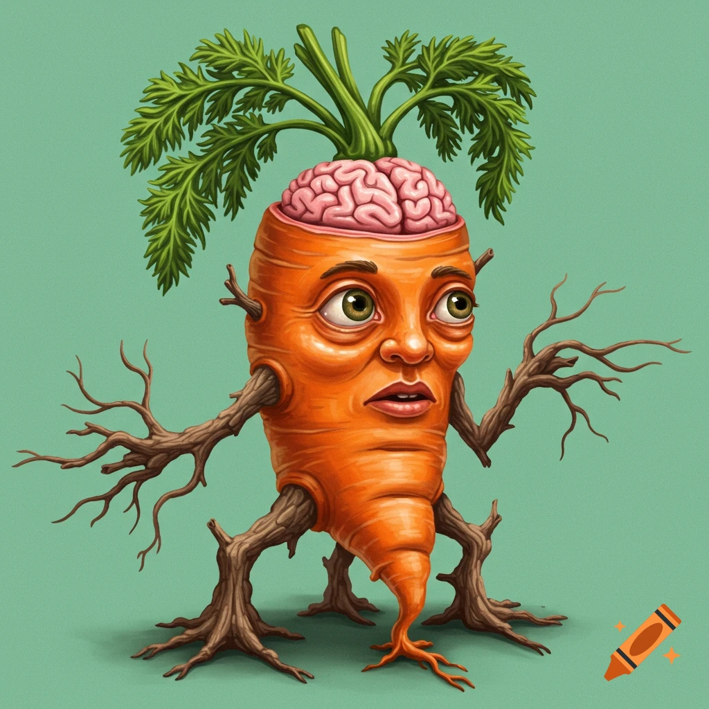 Illustration of a standing carrot with a human face, exposed brain, and ...