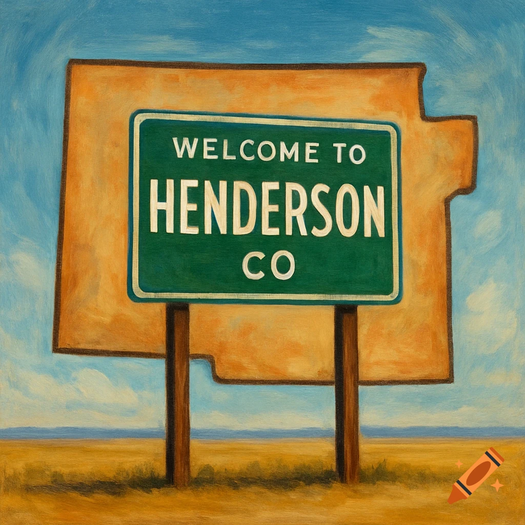 A painted sign reading WELCOME TO HENDERSON CO in a desert landscape ...