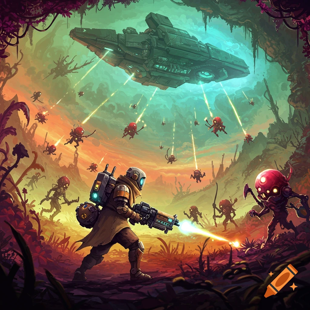 Soldier battles small alien creatures under a spaceship in a vibrant ...