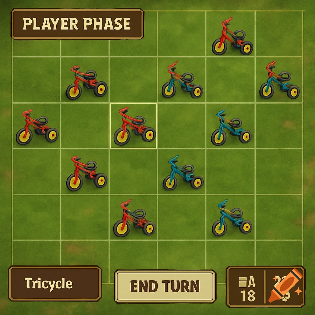 Top-down view of a strategy videogame with a grid, tricycle units, and ...