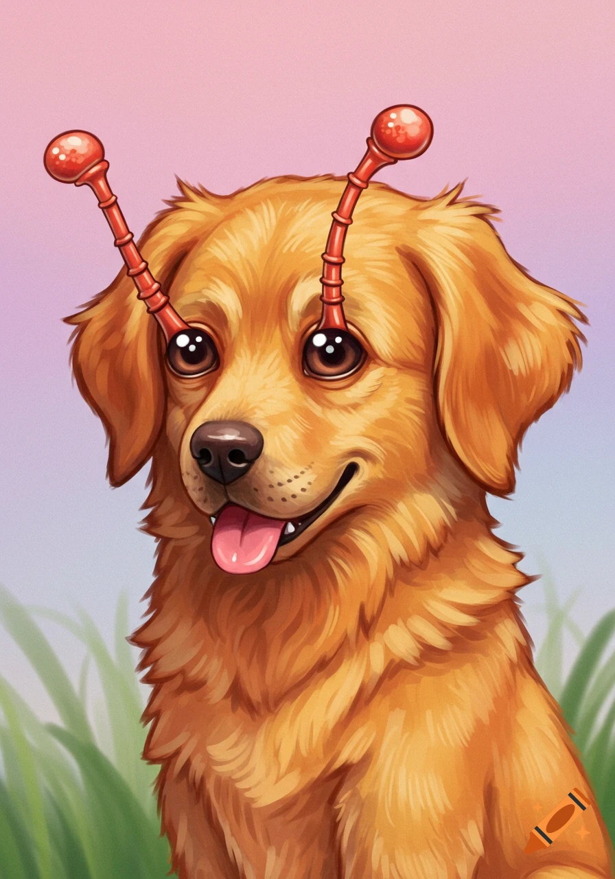 Illustration of a golden retriever dog with red eye stalks. on Craiyon