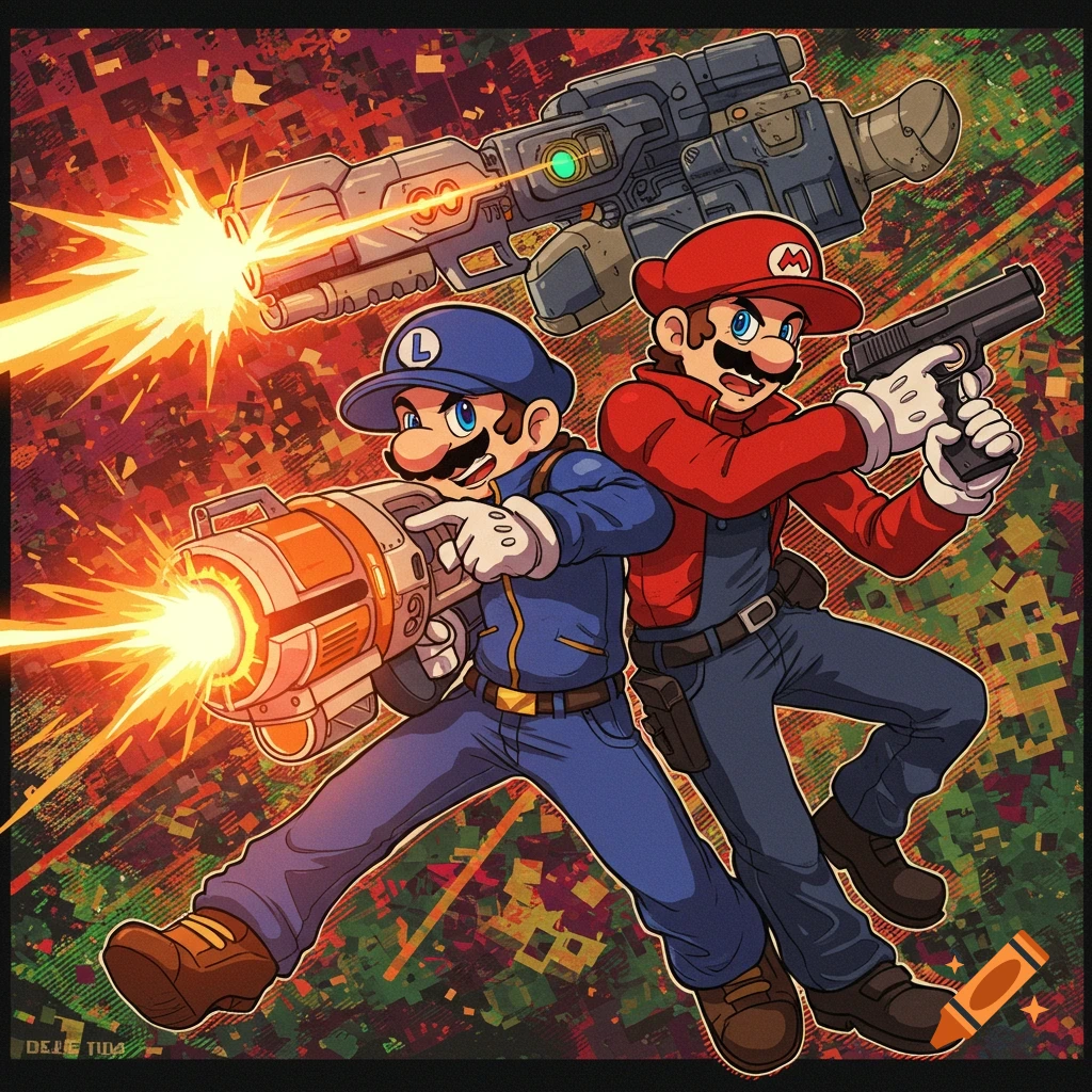 Cartoon characters resembling Mario and Luigi fire futuristic guns in ...