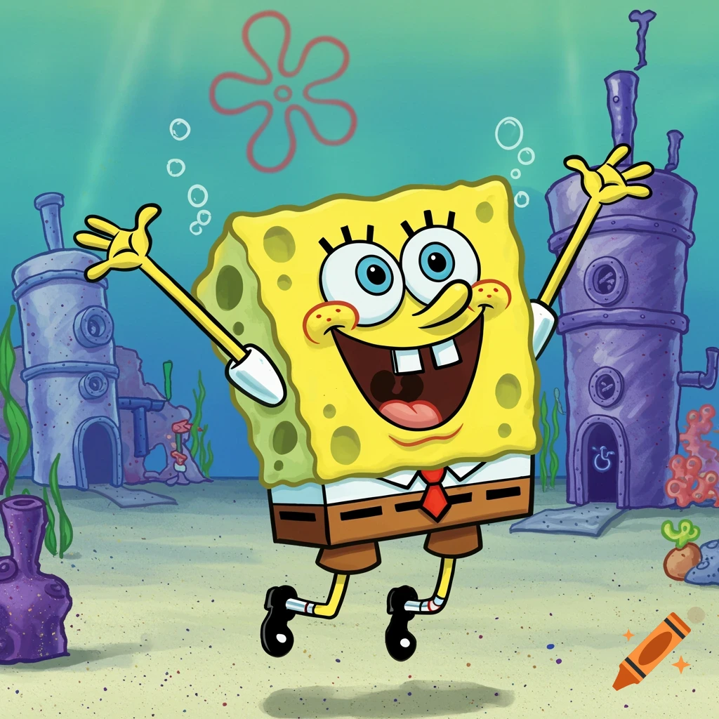 SpongeBob SquarePants jumps happily in an underwater scene. on Craiyon