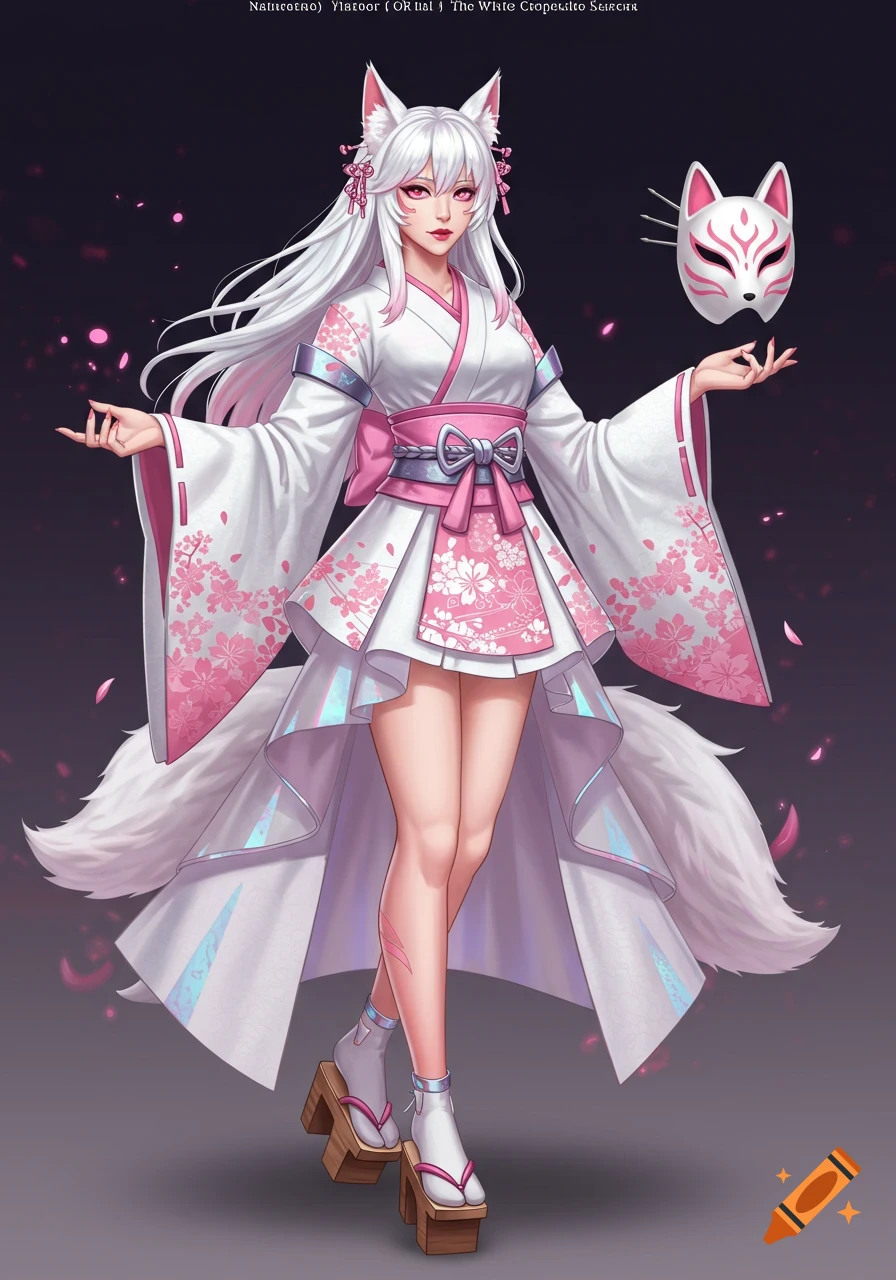 Anime fantasy art of a white kitsune girl in a pink and white kimono ...