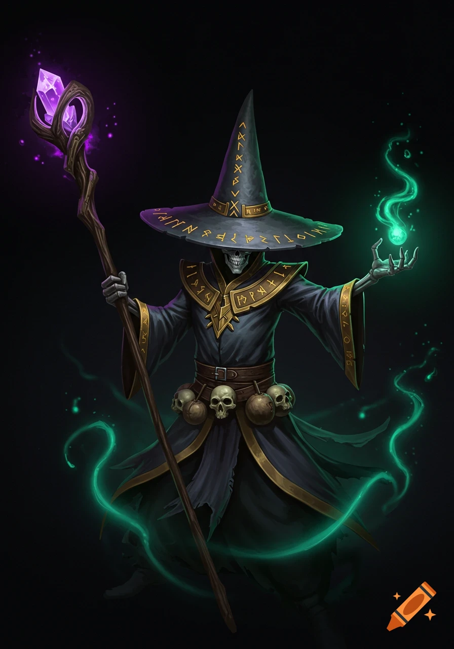 Illustration of a skeletal wizard in a pointy hat and robe, holding a ...