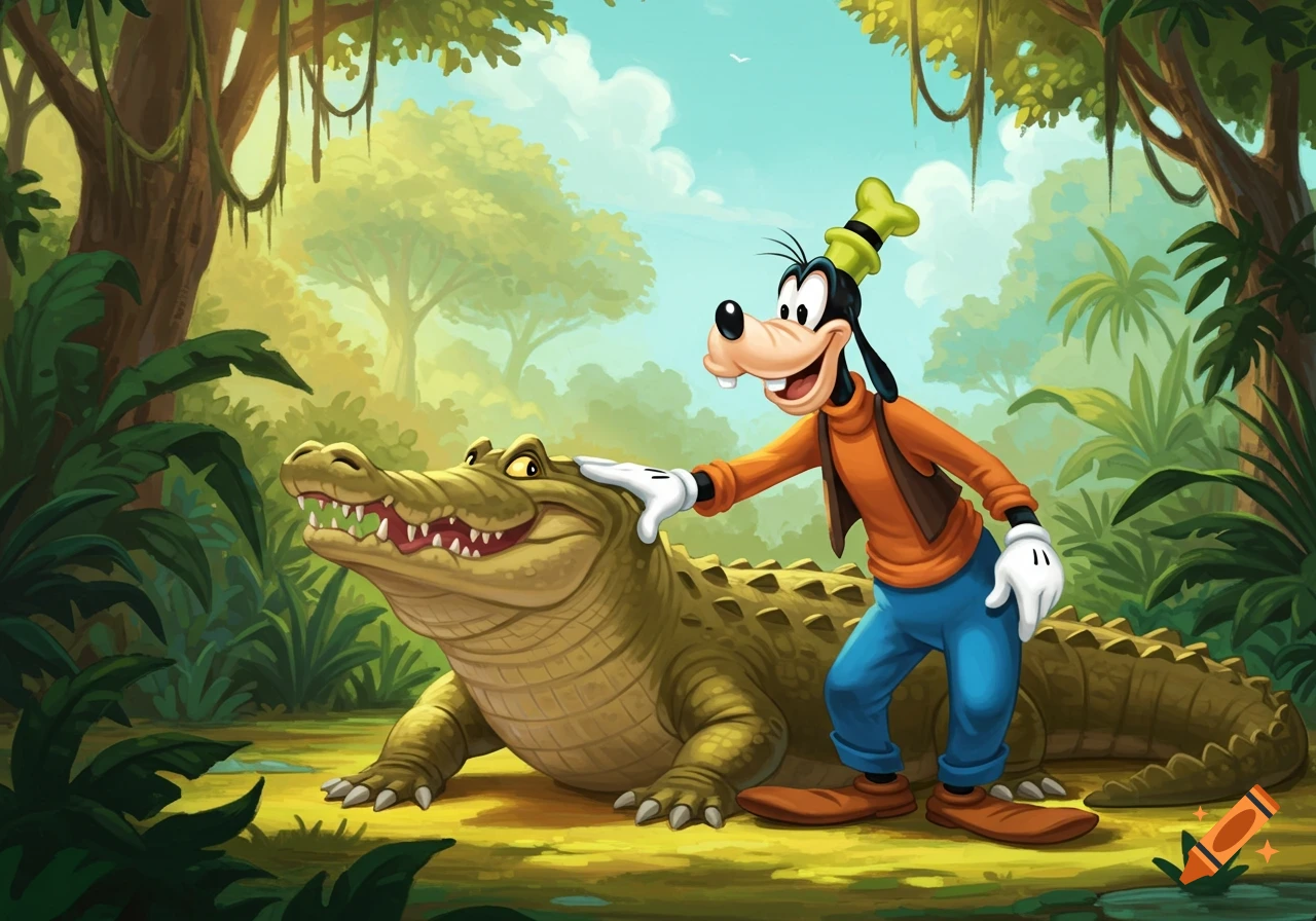 Goofy pets a large alligator in a sunny jungle clearing in a cartoon ...