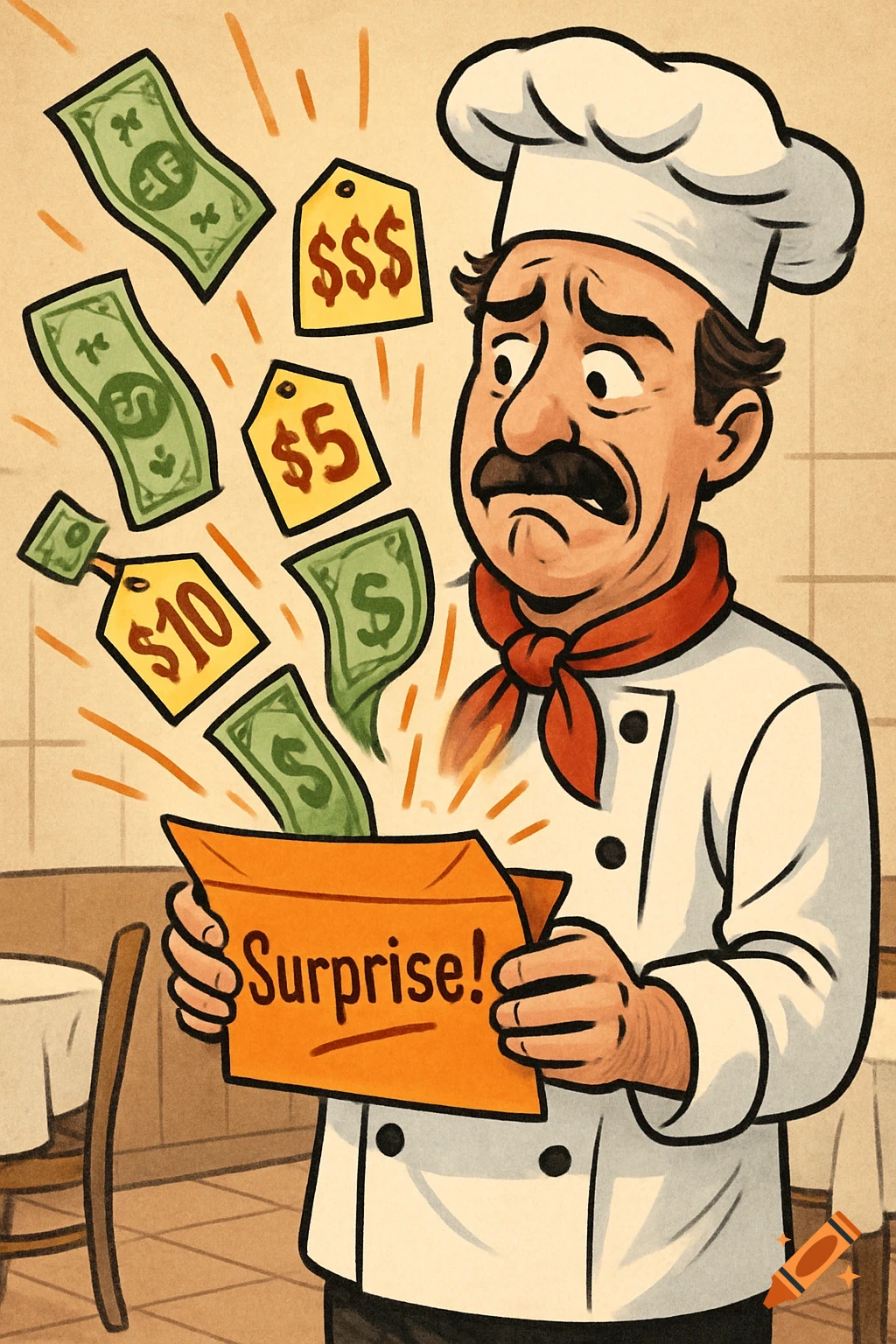 Cartoon chef looks surprised as money and price tags pop out of a box ...