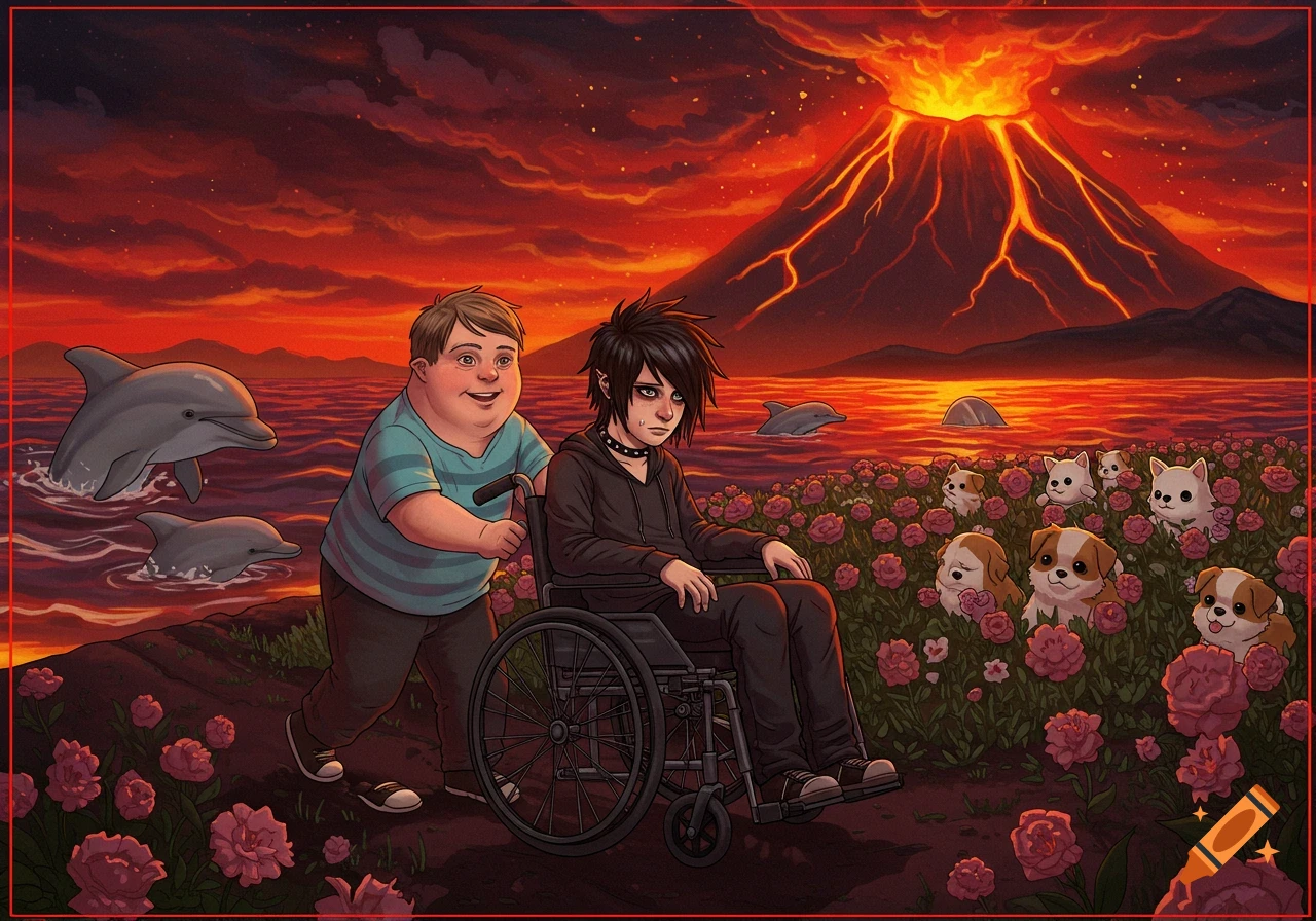 Cartoon illustration of a person pushing an emo in a wheelchair towards ...