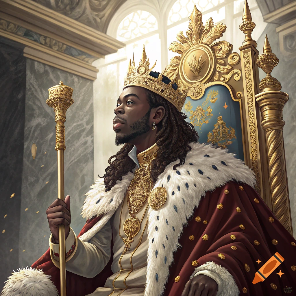 A regal man in a crown and ermine-trimmed robe sits on a golden throne ...