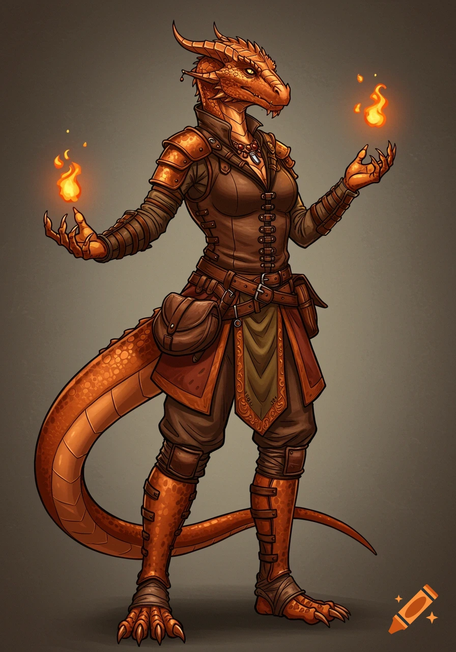 Illustration of a female copper dragonborn character in armor casting ...