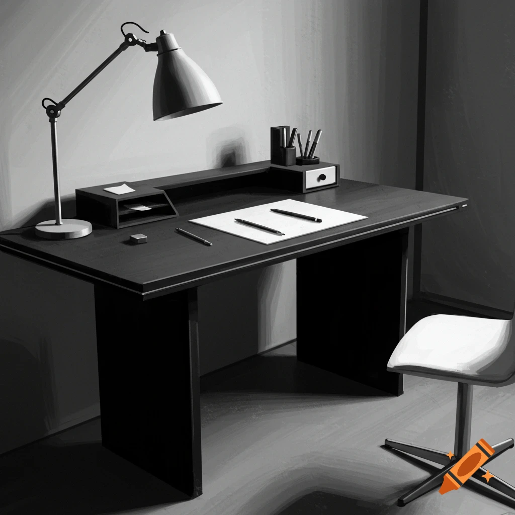 Black and white image of a contemporary writing desk with a lamp, paper ...