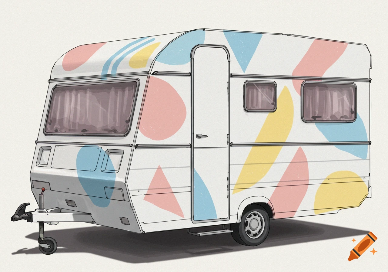 Stylized illustration of a white caravan with colorful abstract shapes ...