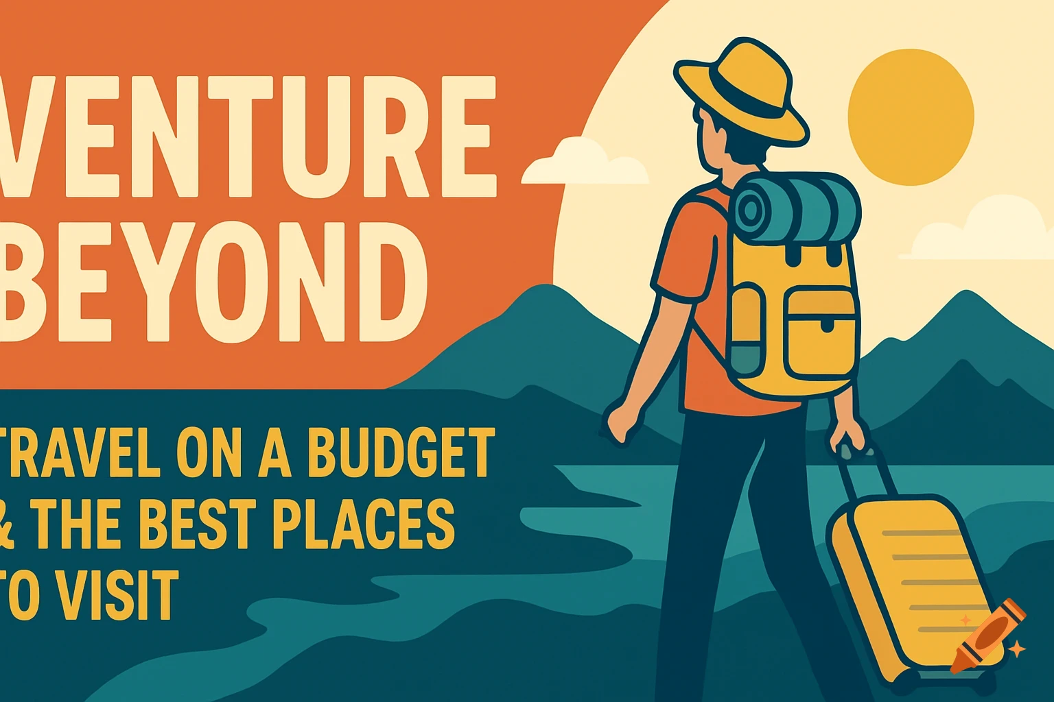 Illustration of a traveler in mountains with text 'Venture Beyond, Travel on a Budget'. on Craiyon