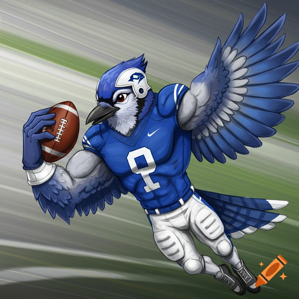 A muscular bluejay bird in a blue football uniform runs with a football ...