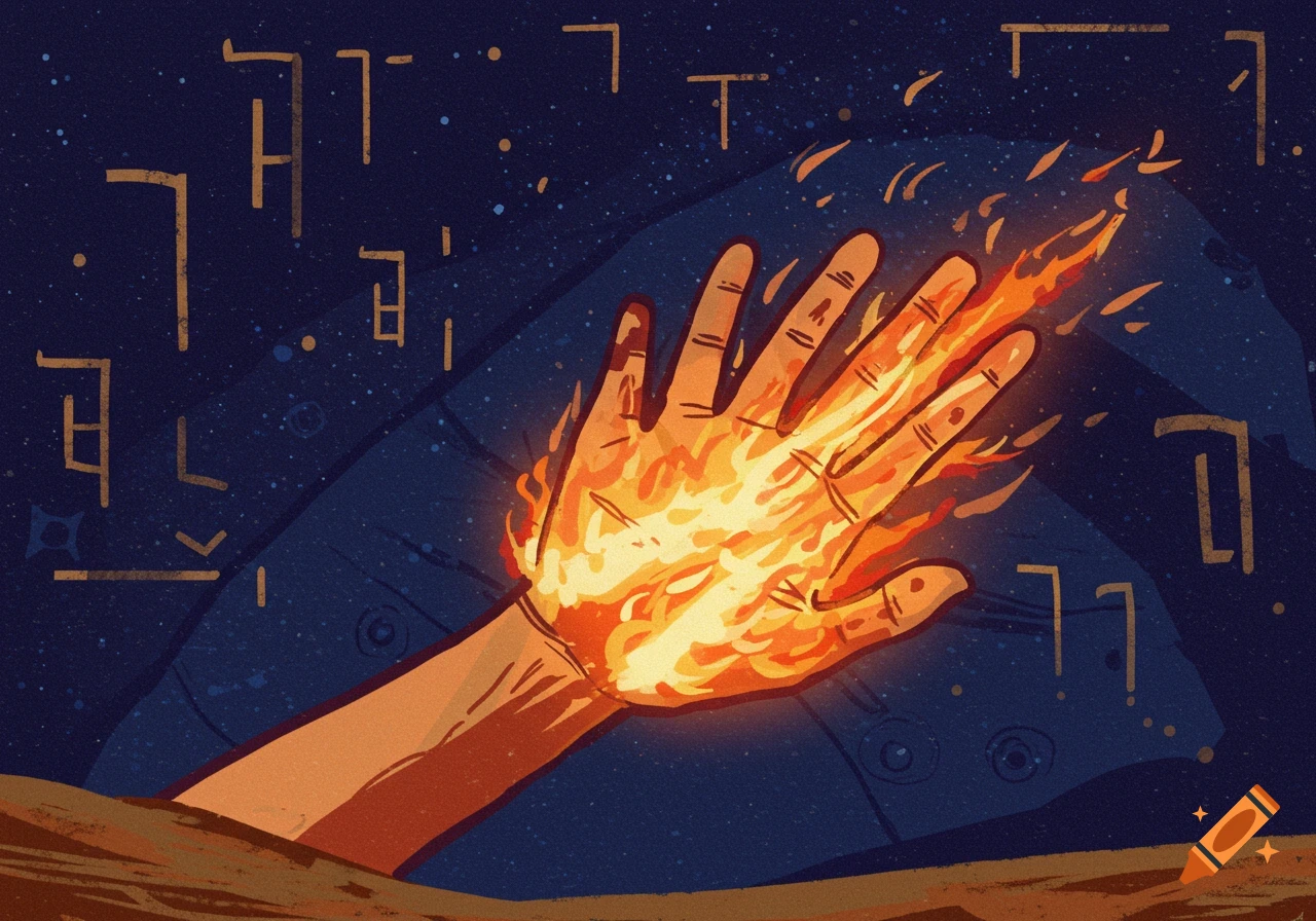 Hand burning with fire against a dark background with ancient symbols ...