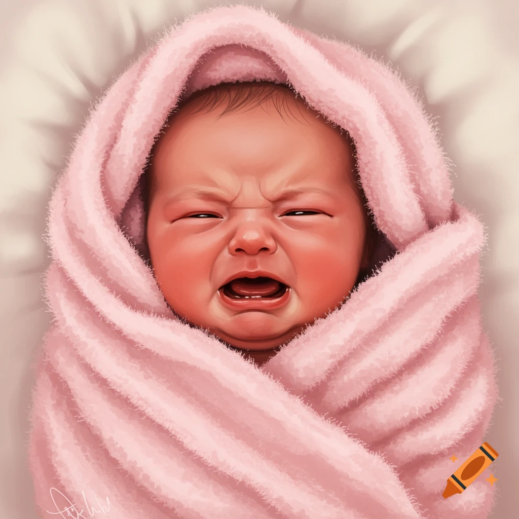 Illustration of a crying baby wrapped in a pink blanket. on Craiyon