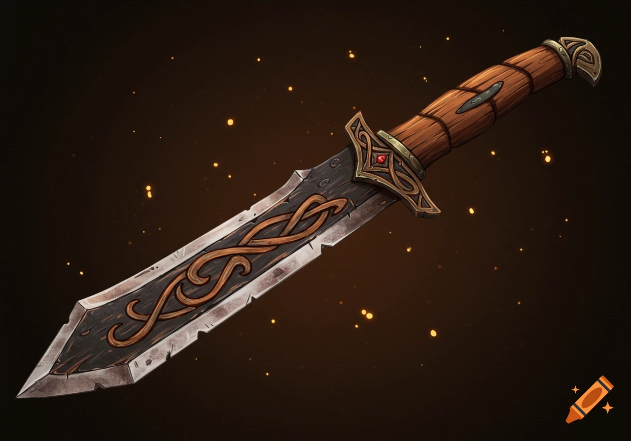 Stylized fantasy sword with wooden handle and decorated metal blade ...