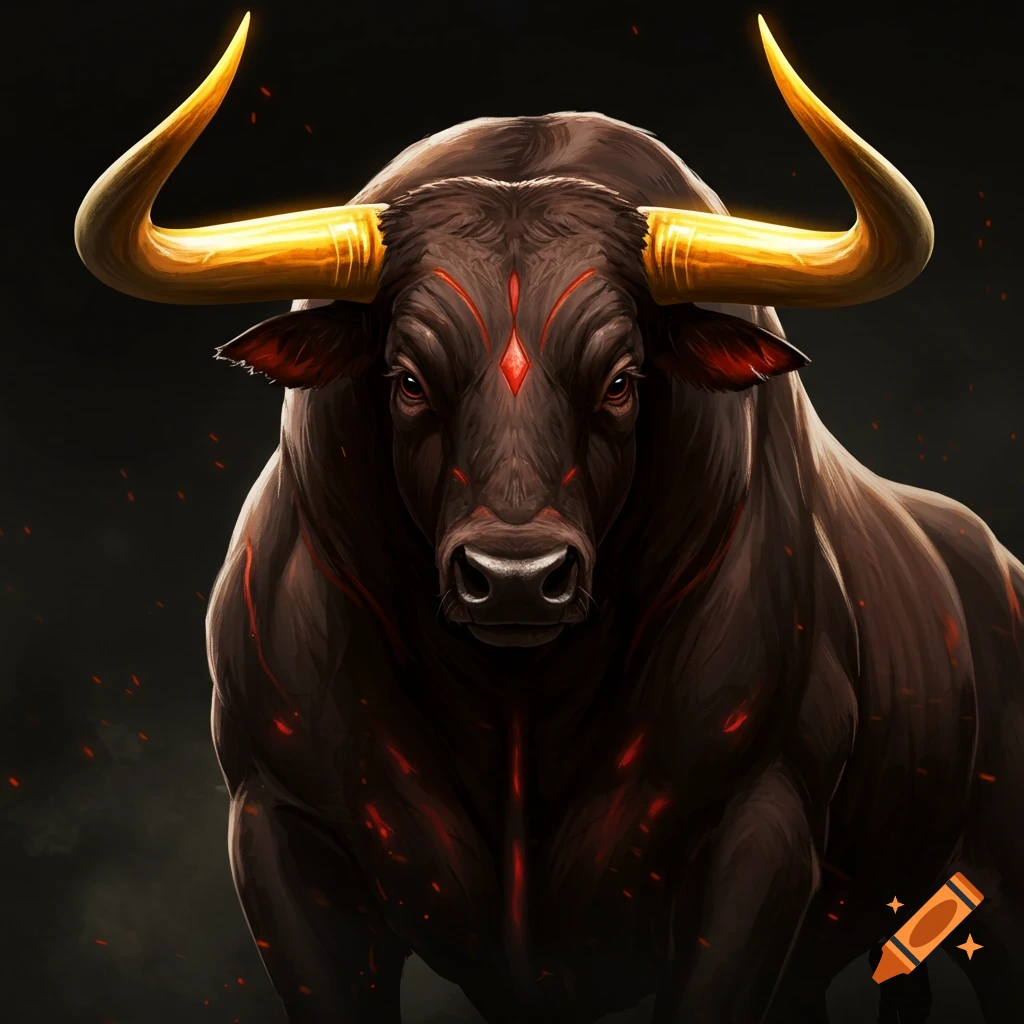 A dark bull with glowing golden horns and red markings looks forward ...