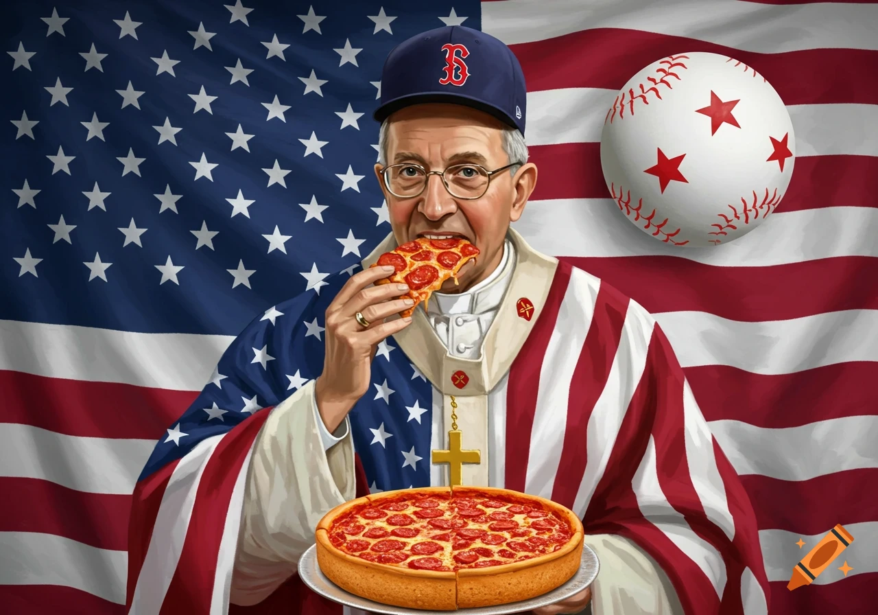 Pope-like figure in US flag robe and baseball cap eating pizza. on Craiyon