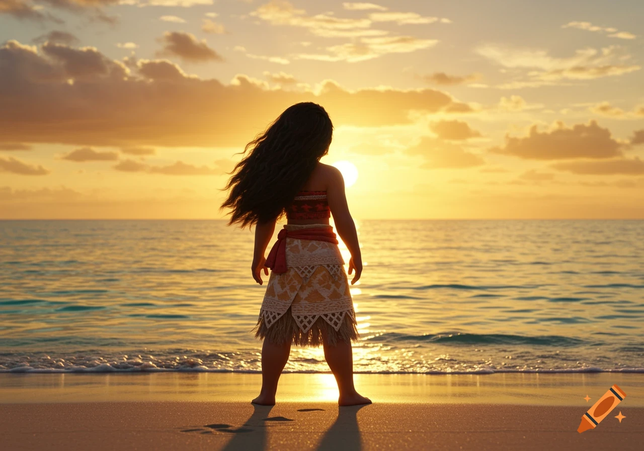 Moana stands on a beach at sunset, looking out at the ocean. on Craiyon