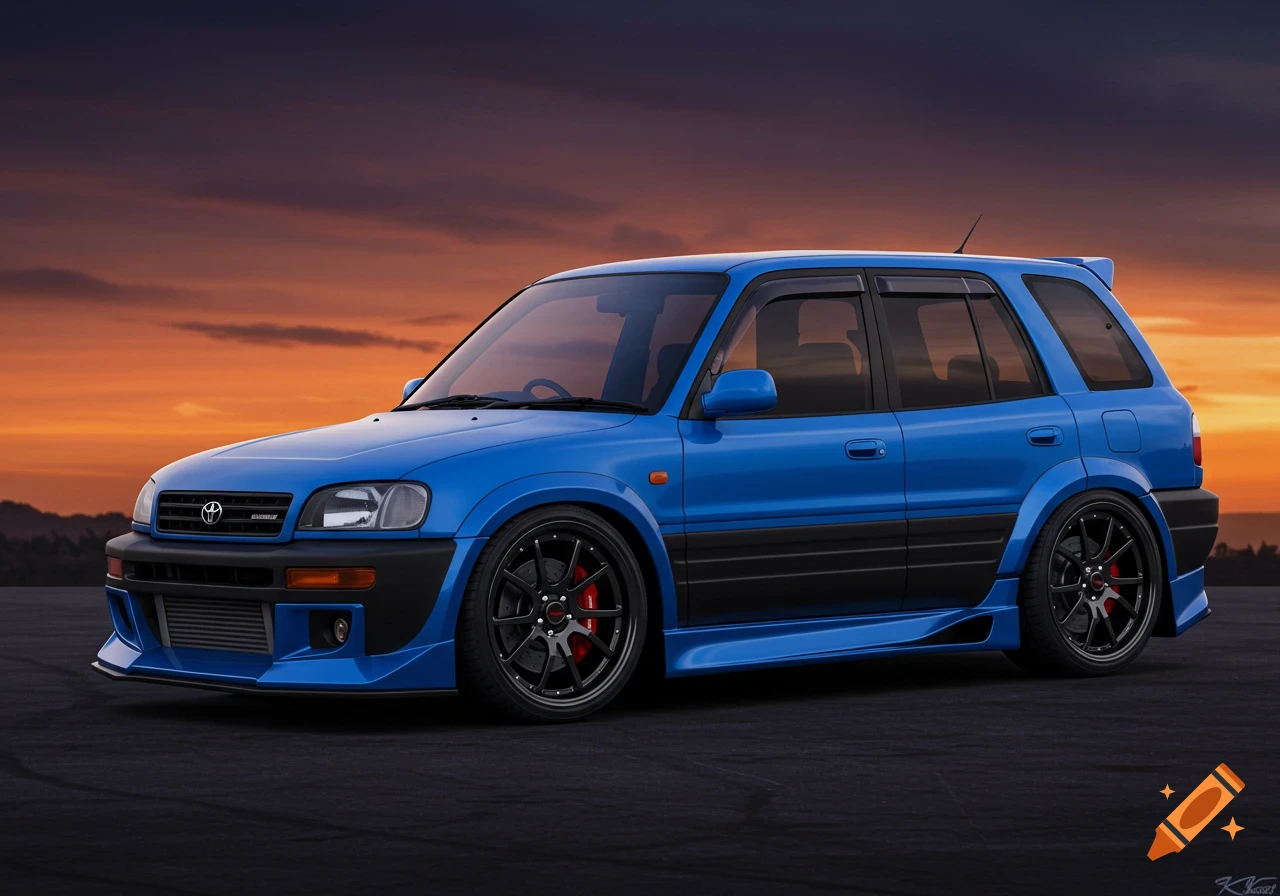 A blue wide-body Toyota RAV4 sits on asphalt against a sunset sky. on ...