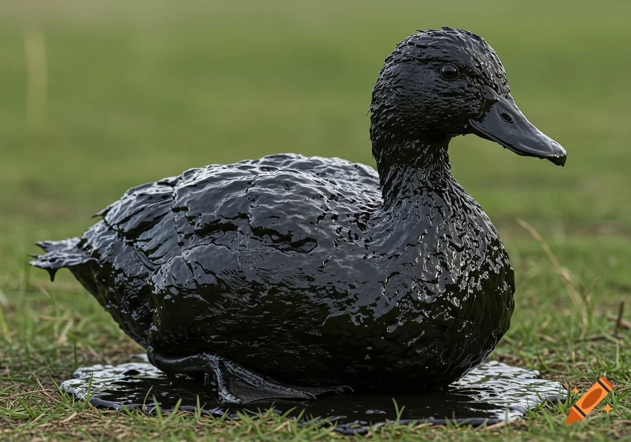 A duck covered in black tar sits on grass, hyperrealistic photo. on Craiyon