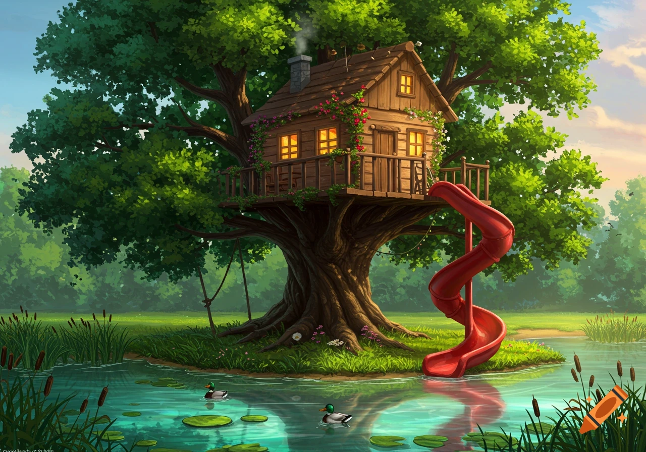 An illustration of a cozy treehouse with a red slide leading into a ...