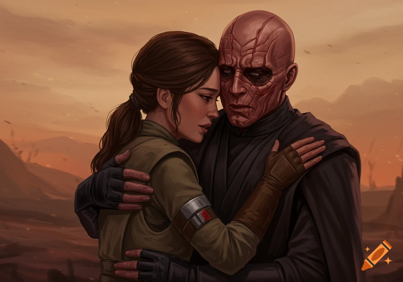 Meetra Surik and Darth Sion hugging in a desolate, orange-hued ...