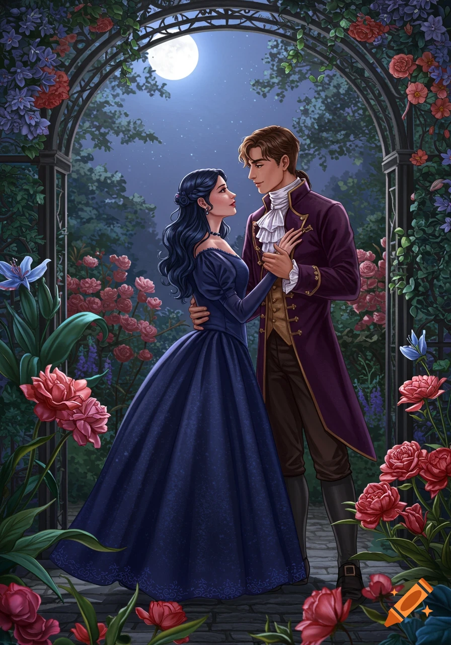 A couple in historical clothing holds hands in a moonlit garden archway ...