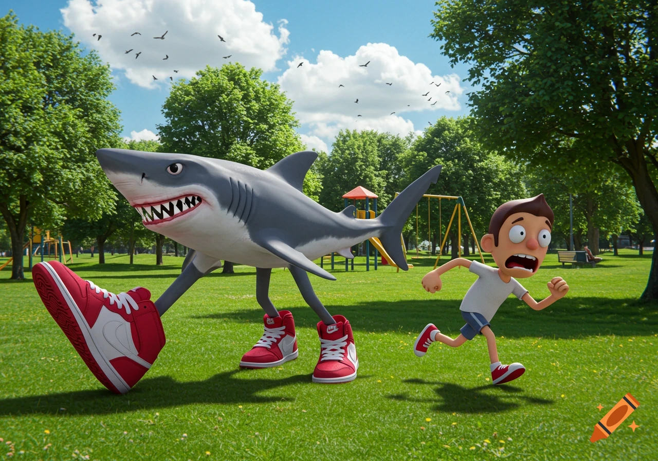 Cartoon shark in red sneakers chases a boy through a park on Craiyon