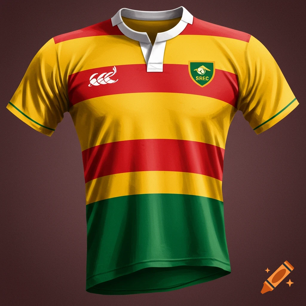 A rugby jersey with yellow and red hoops above a green section, with ...