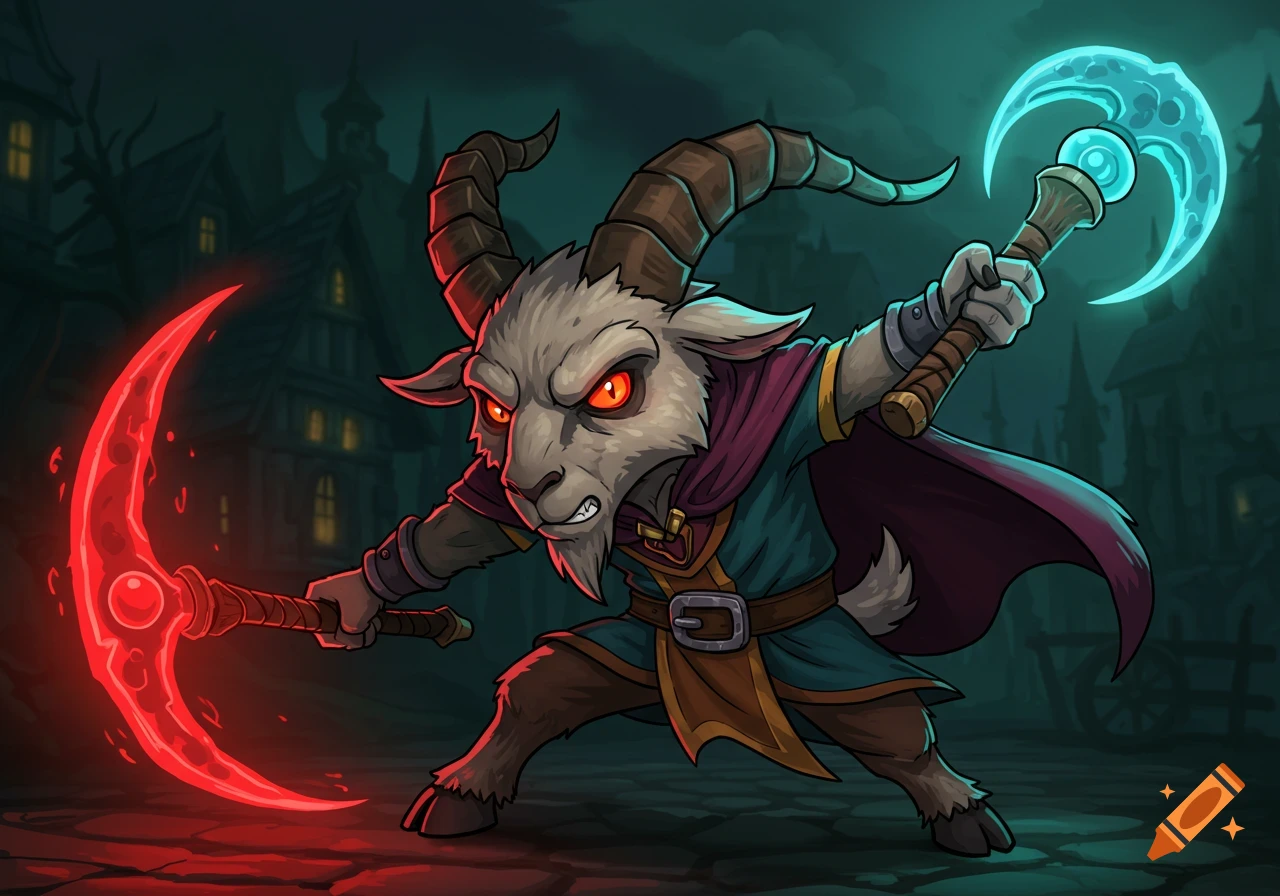 Cartoon warlock goat holding red scythe and blue staff in dark village ...