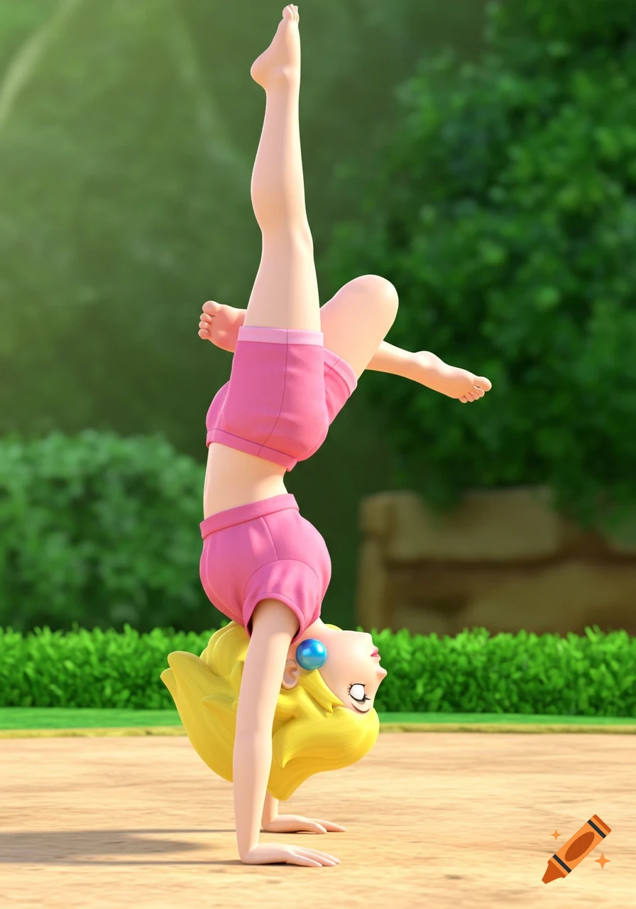 Princess Peach in pink athletic wear doing a handstand outdoors. on Craiyon