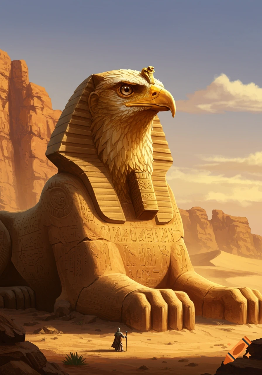 A large statue of a sphinx with an eagle's head in a desert landscape ...