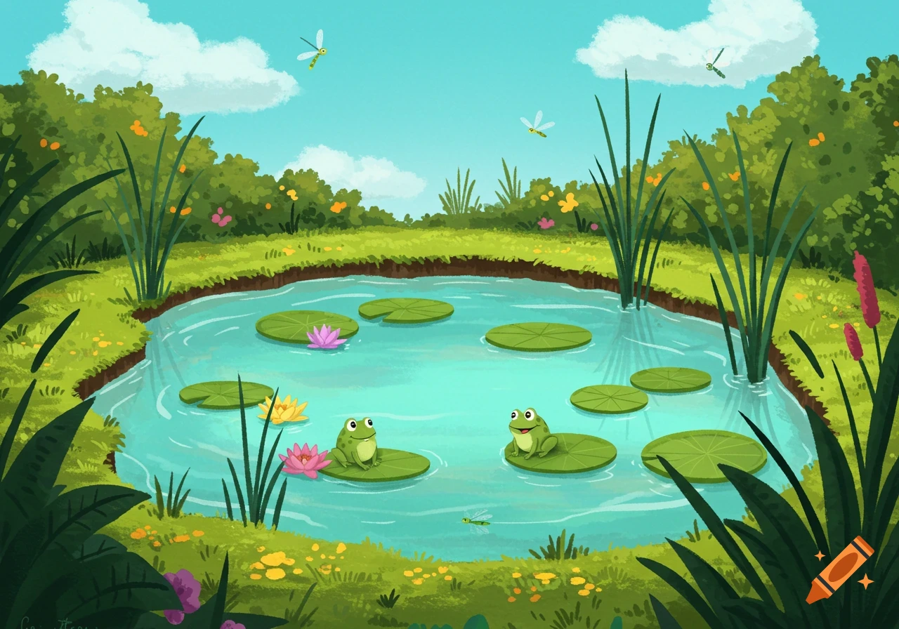 Cartoon pond with frogs on lily pads, flowers, dragonflies, and tall ...
